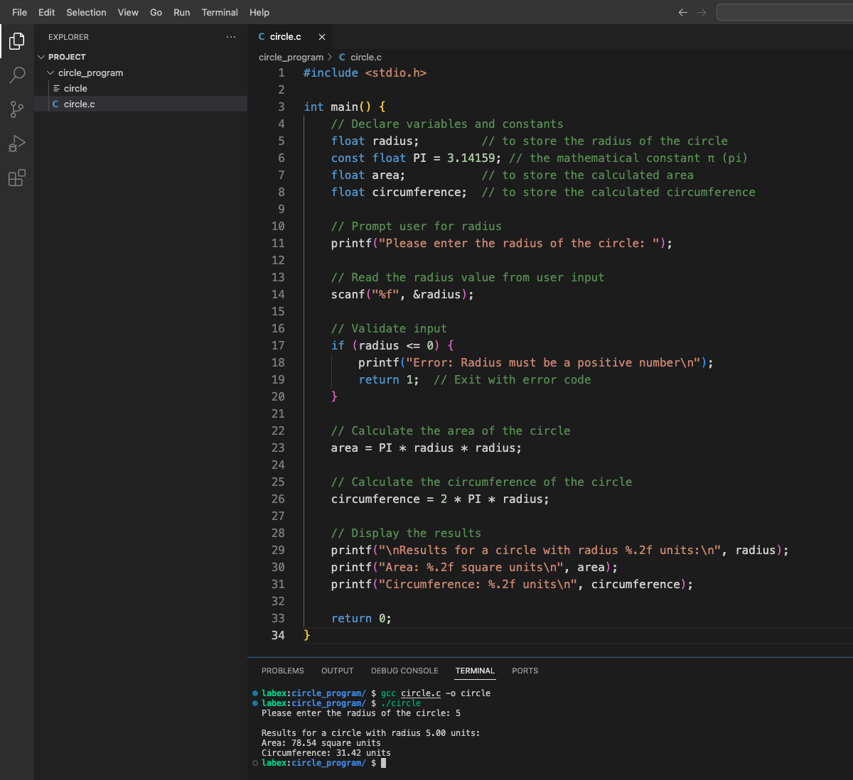 Area of Circle Program in C | Calculate Circle Area and Circumference ...