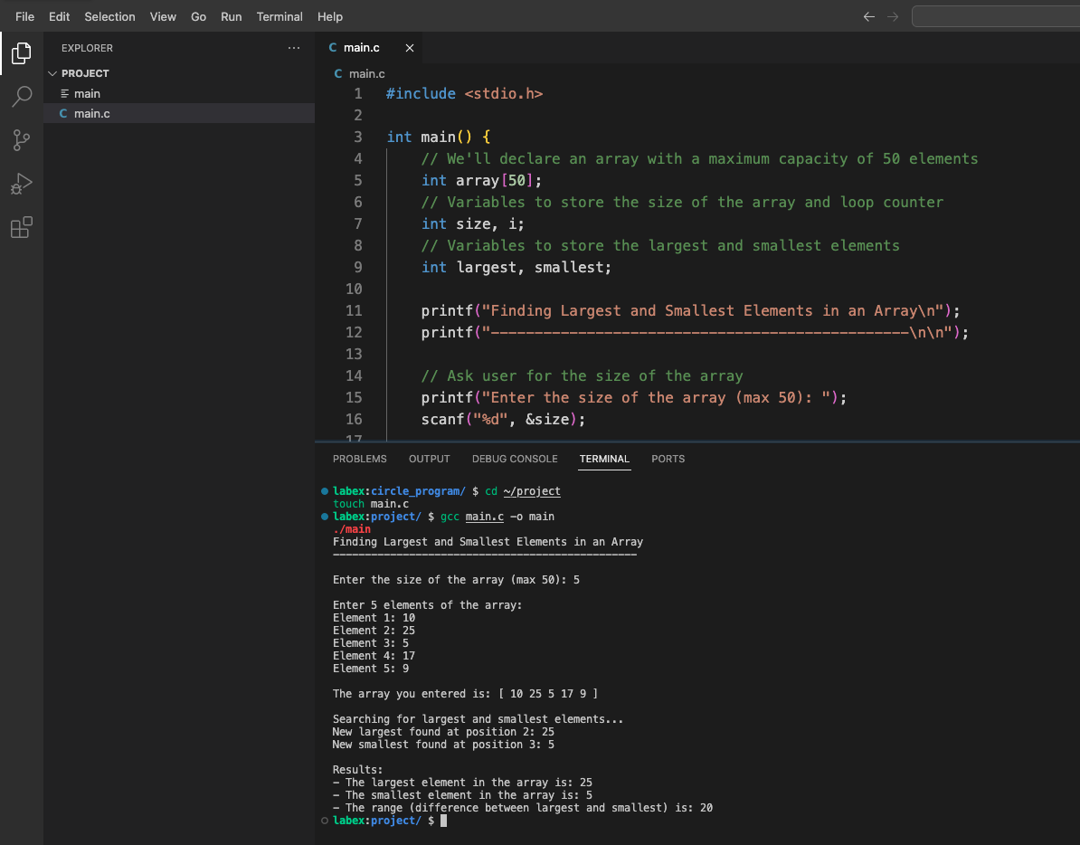 Finding Largest And Smallest Elements In Array C Programming Labex